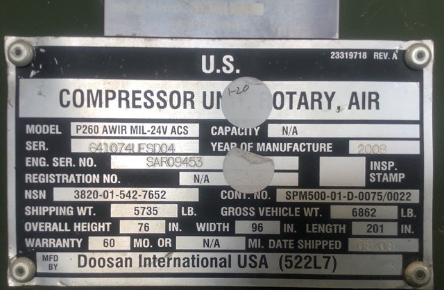 Doosan P260 AWIR MIL-24V ACS Air Compressor, Transamerican Equipment ...