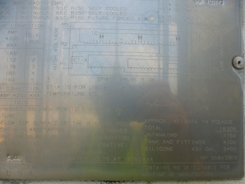 3750 KVA GE Silicone Transformer, 13.8KV Pri, 2400Y/1385V Sec ...