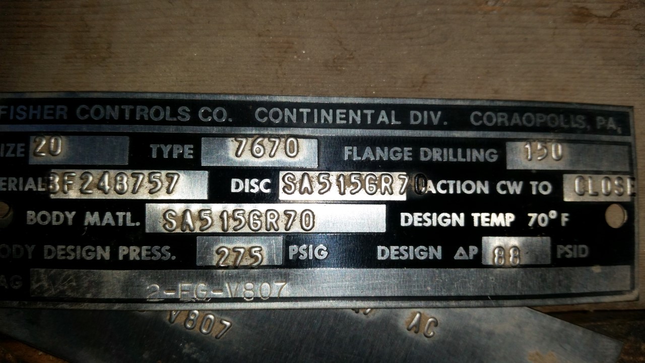 Fisher 20" SA515GR70 Butterfly Valves, Transamerican Equipment Company