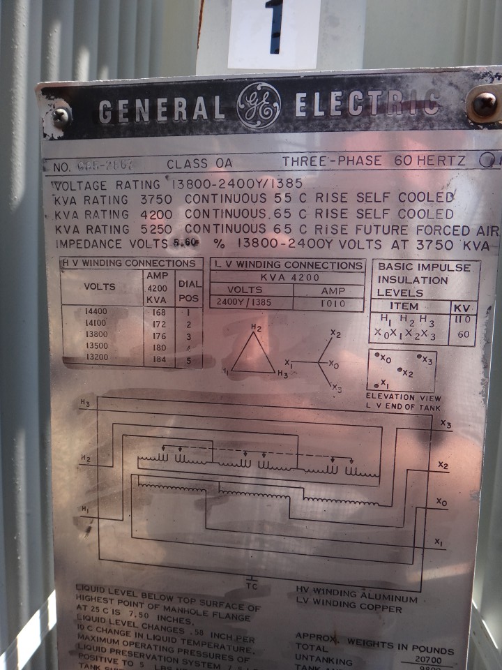 GE Transformer 3,750 kva, 13,800 - 2400Y/1385, Transamerican Equipment ...