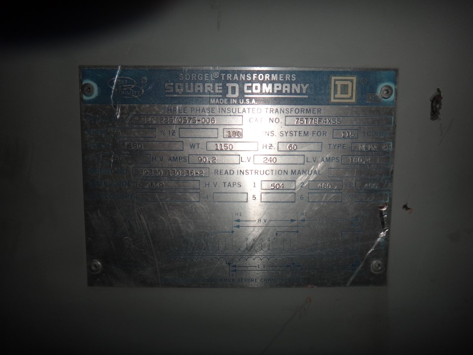 Square D 75 KVA 480 / 240 Volt NEMA 4X Dry Type Transformer ...