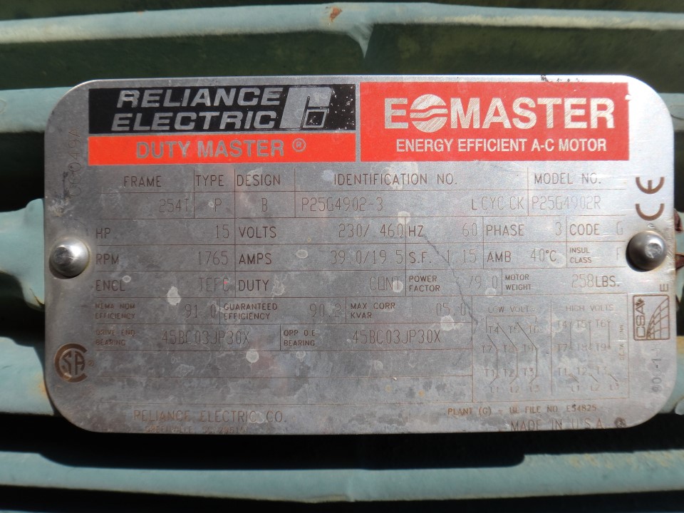Reliance 15 HP 1800 RPM Motor, Transamerican Equipment Company