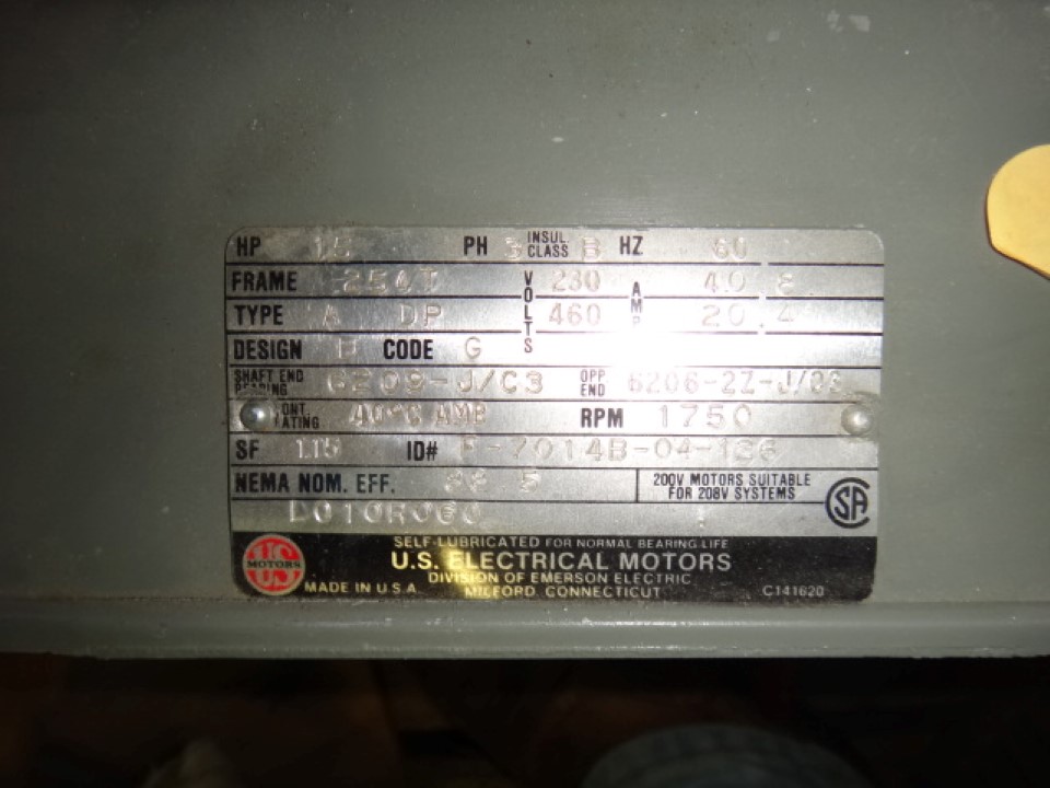 U.S. Motors 15 hp, 1800 rpm, 254T frame motor, Transamerican Equipment ...