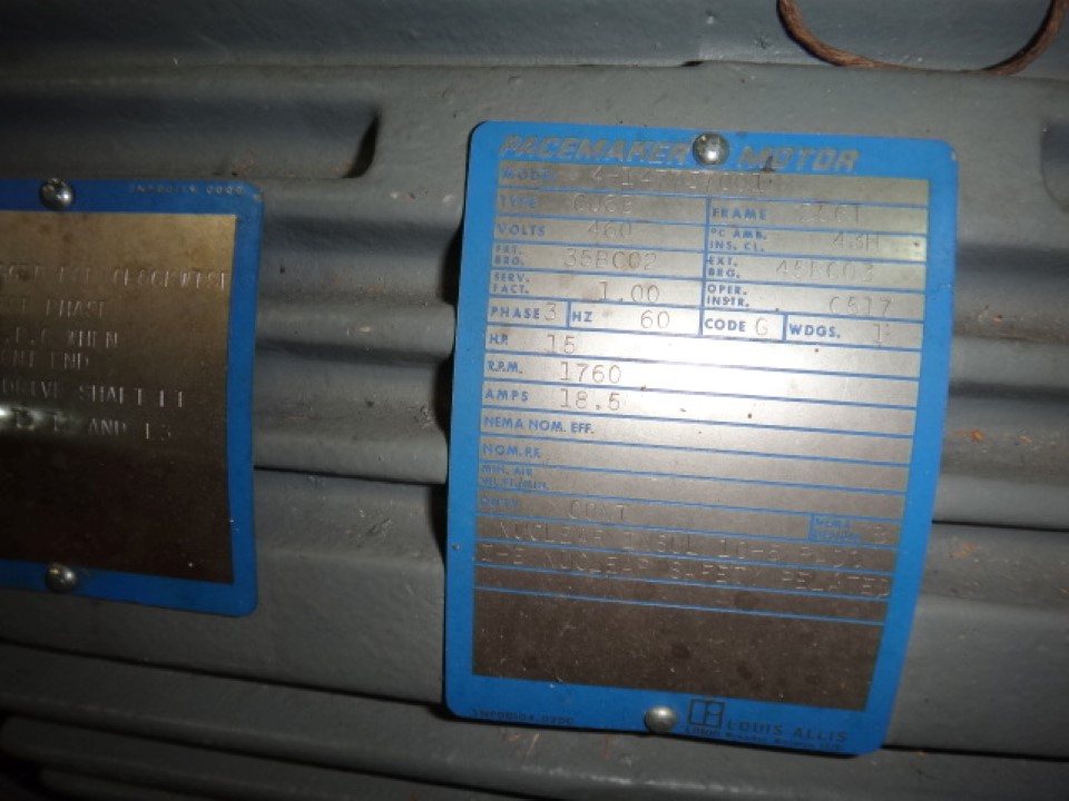 Louis-Allis 15 hp, 1800 rpm motor, Transamerican Equipment Company