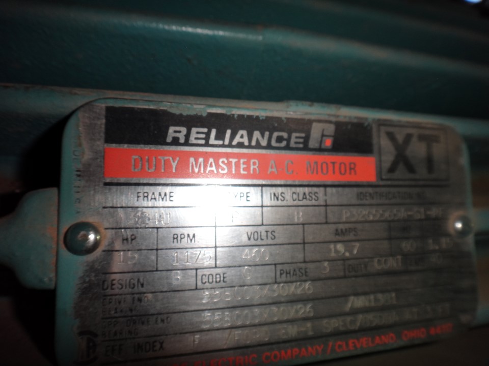 Reliance 15 hp, 1200 rpm, electric motor, Transamerican Equipment Company