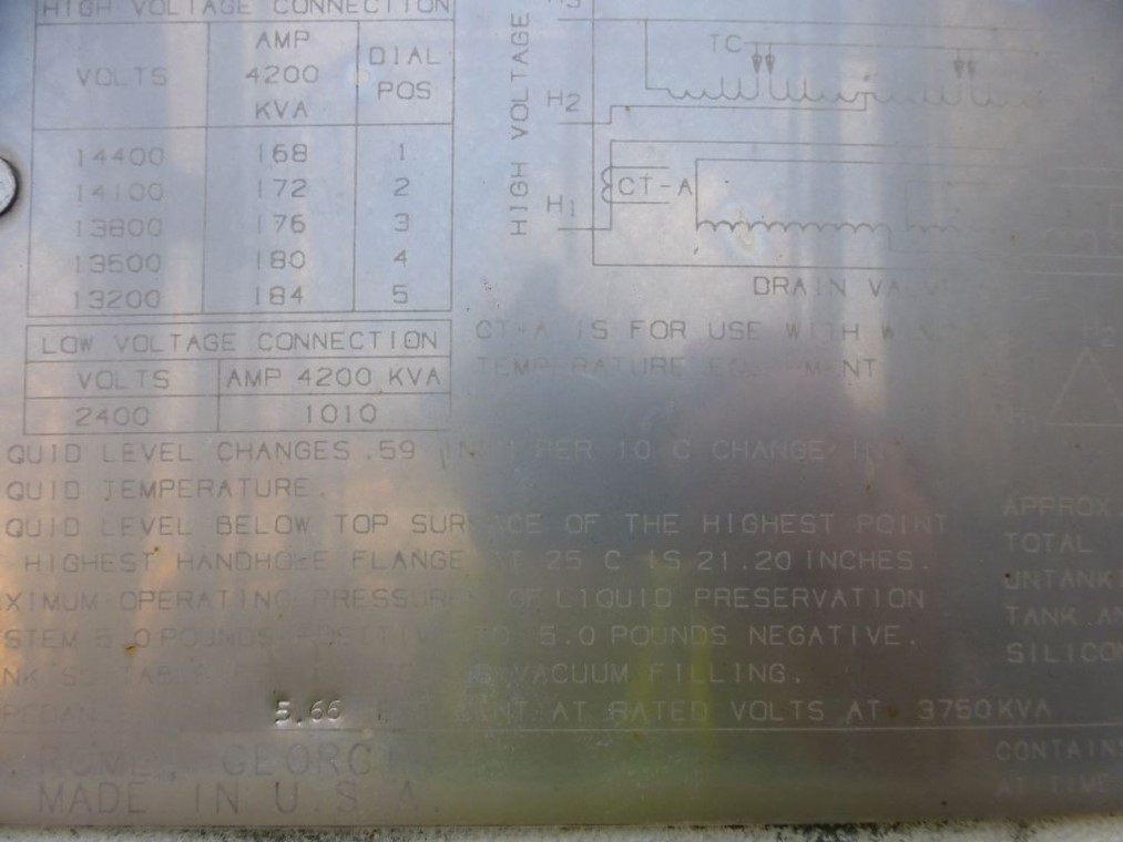 3750 KVA GE Silicone Transformer, 13.8KV Pri, 2400Y/1385V Sec ...