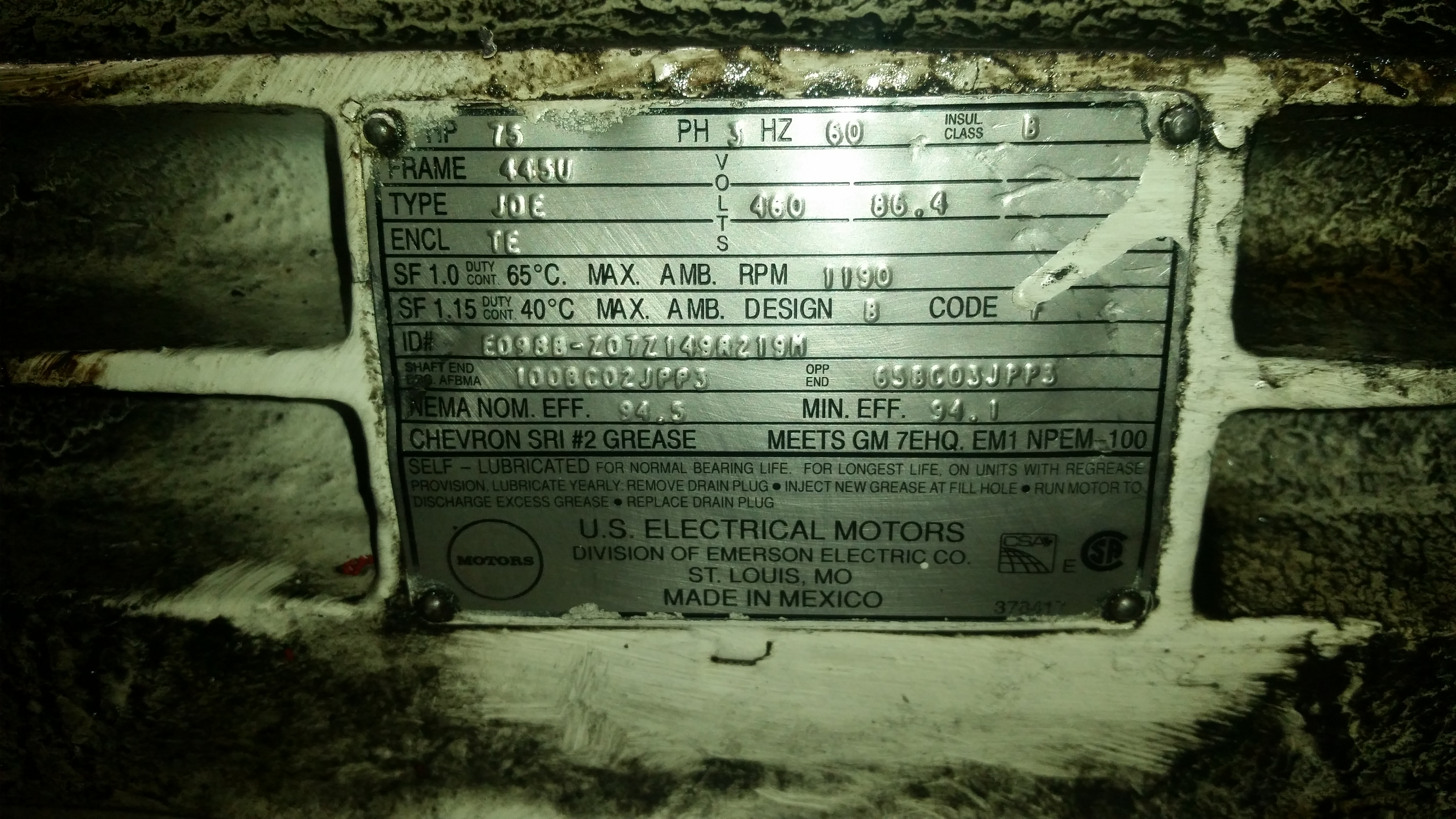 US Motors 75HP; 1190RPM; 460V; Frame: 445U E098B-Z07Z149R219M ...