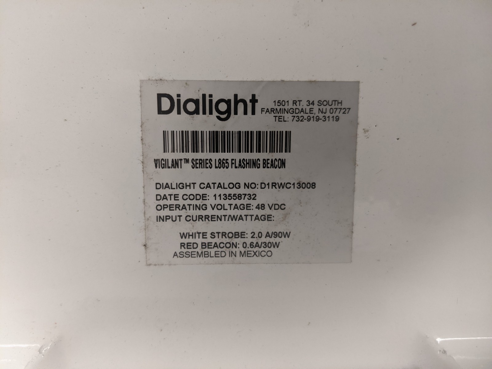 Dialight Vigilant LED L865 Flashing Beacon D1RWC13008, 48VDC, 90 ...