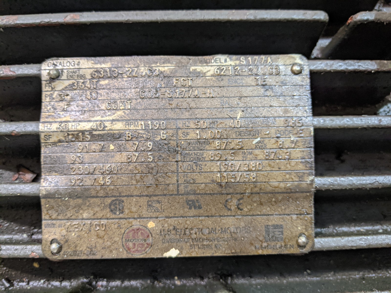 US Motors 40HP; 1190RPM; 460V; Frame: 364T S177A, Transamerican ...