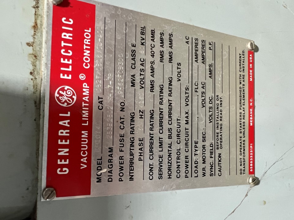 700 HP GE Limitamp CR194 Vacuum Motor Control Center, 400A, 4160 ...