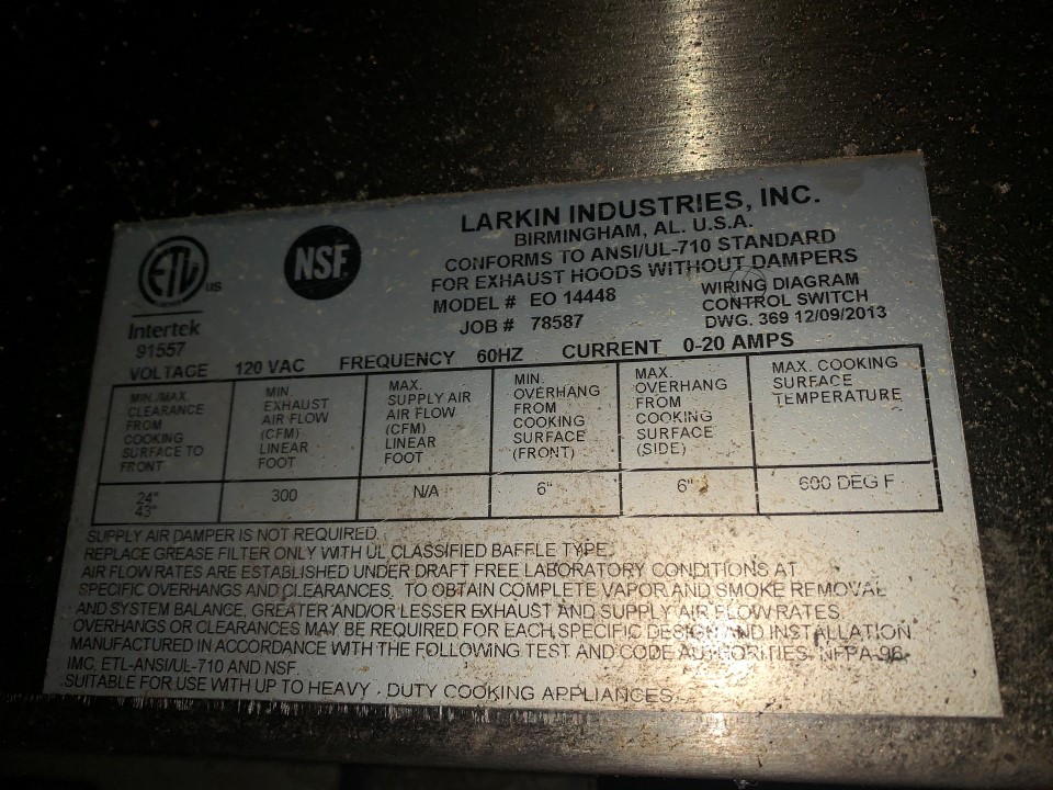 Larkin EO 14448 12' Exhaust Hood, Transamerican Equipment Company