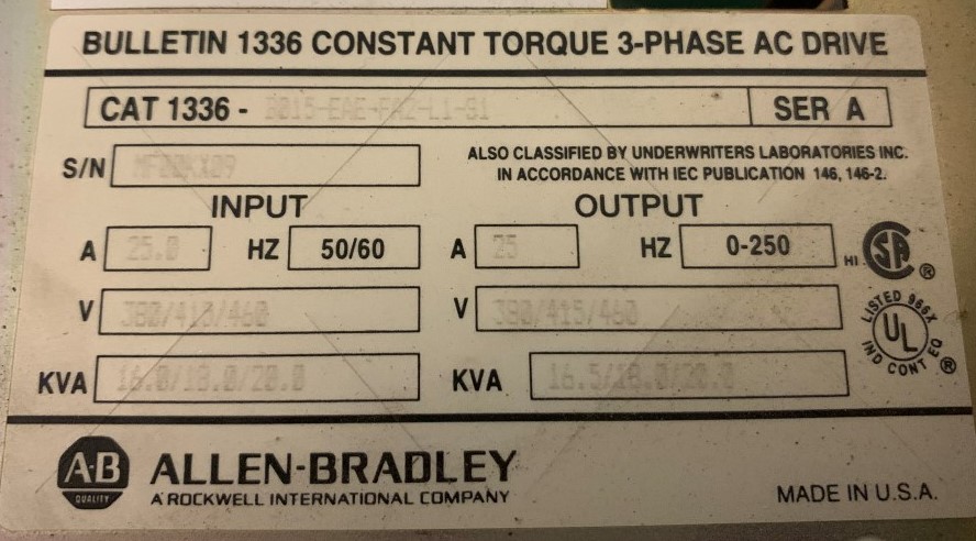 Allen Bradley B015-EAE-FA2-L1-S1 Constant Torque 3-Phase AC Driv ...