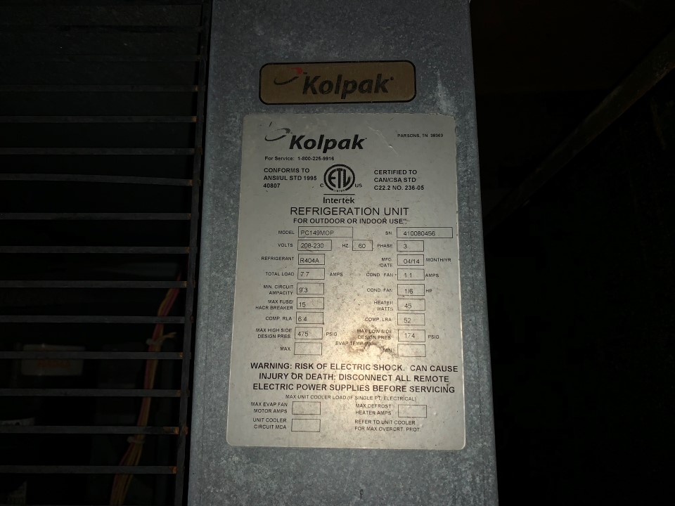 Kolpak Cooler Refrigeration Unit Model: PC149MOP, Transamerican ...