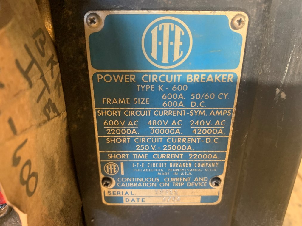 ITE K-600 Air Circuit Breaker 600A 600V MO/DO 600A Trip, Transamerican ...