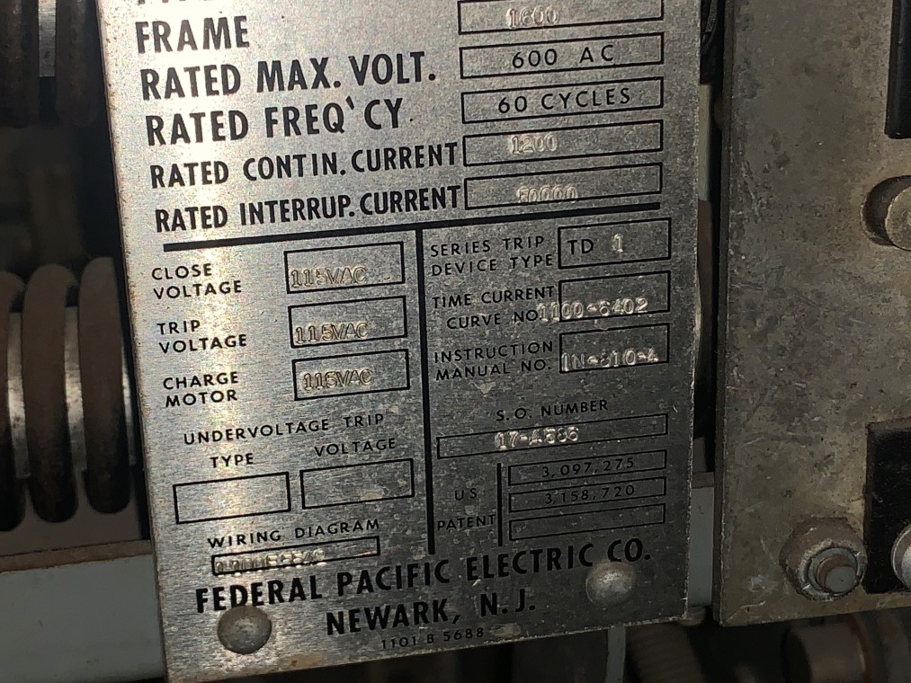 Federal Pacific FP-50 Low Voltage Power Circuit Breaker, Transamerican ...