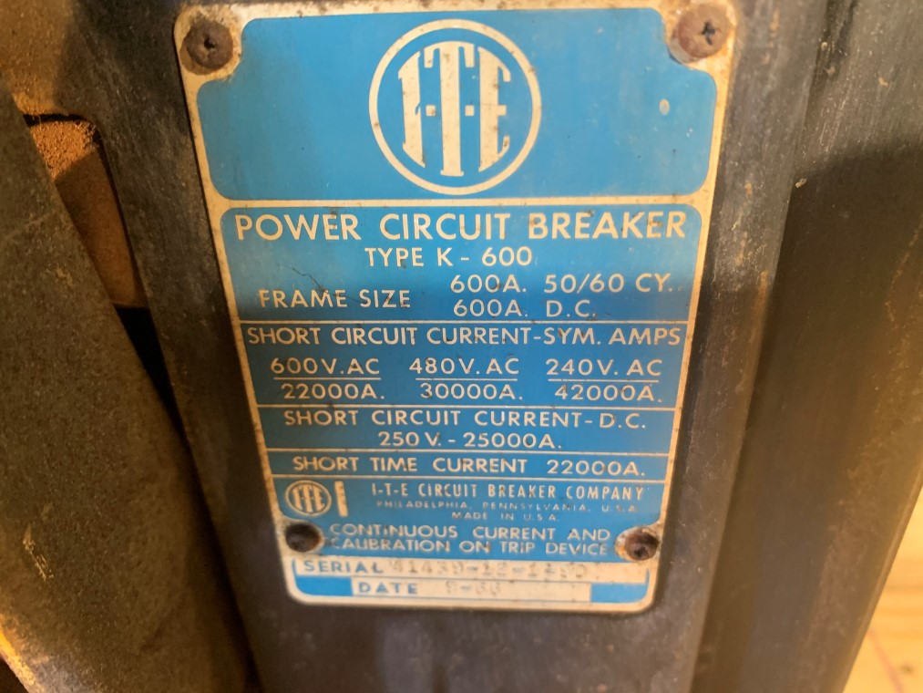 ITE K-600 Air Circuit Breaker 600A 600V MO/DO 600A Trip, Transamerican ...