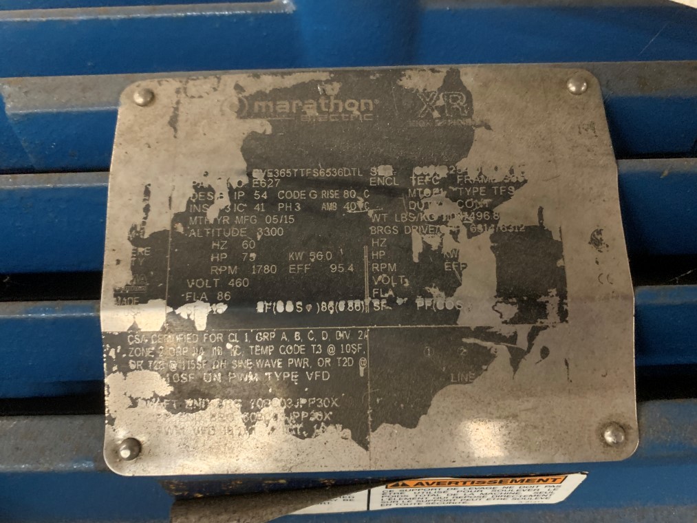 75 HP Reliance motor, 1800 RPM, 460V, 365T, Transamerican Equipment Company