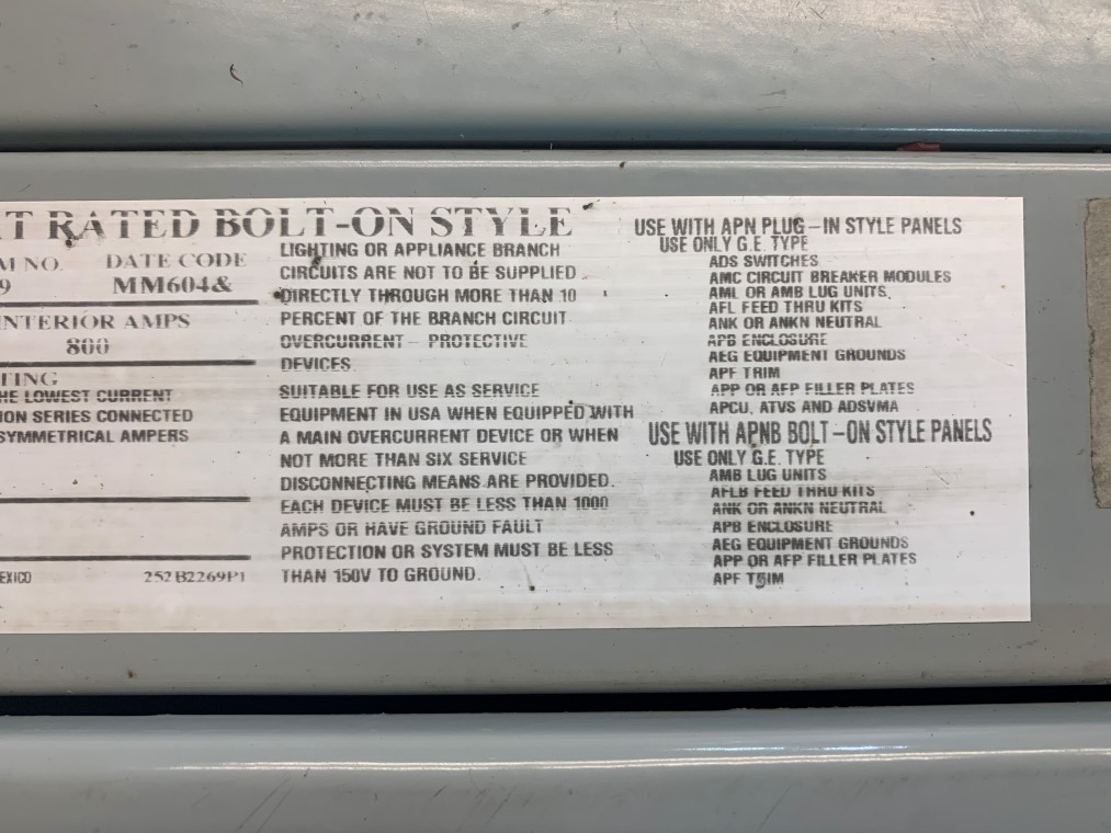 GE Spectra Main Breaker Distribution Panel 800A, 480Y/277V, 3 Ph ...