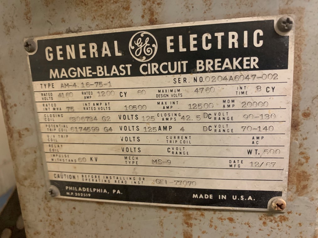 GE AM-4.16-75-1 1200 amp 4160v Air Circuit Breaker, Transamerican ...