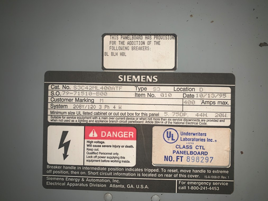 Siemens Breaker Panel S3C42ML400ATF, 400A, 208V, 3 Ph, Transamerican ...