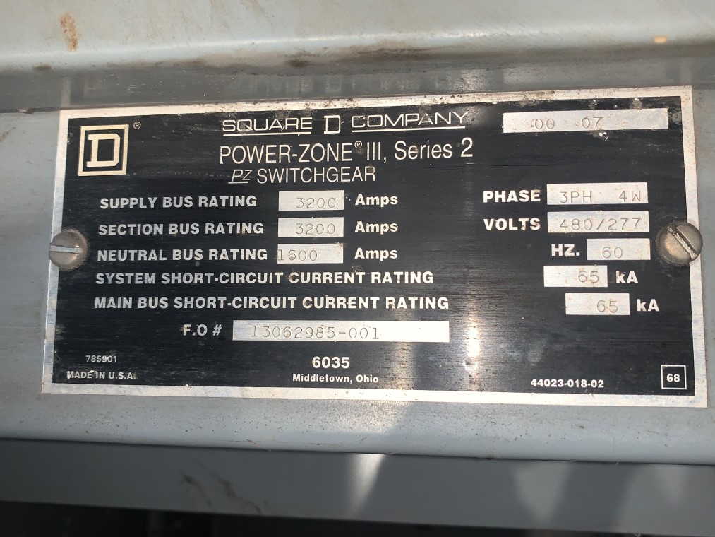 Square D Power-Zone III Switchgear 3200A, 480/277V, 3 Ph, 65kA ...