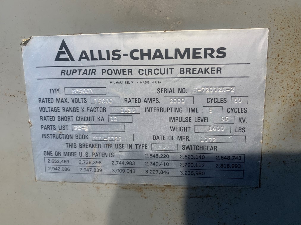 Allis Chalmers Breaker FC-500-A, 2000A, 15KV, EO/DO, 250VDC Cont ...