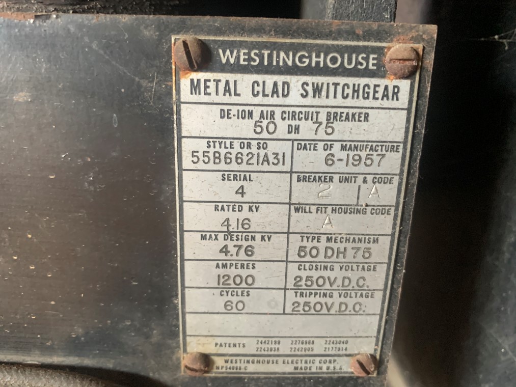 Westinghouse Circuit Breaker 50DH75, 1200A, 4160V, EO/DO, 250VDC ...