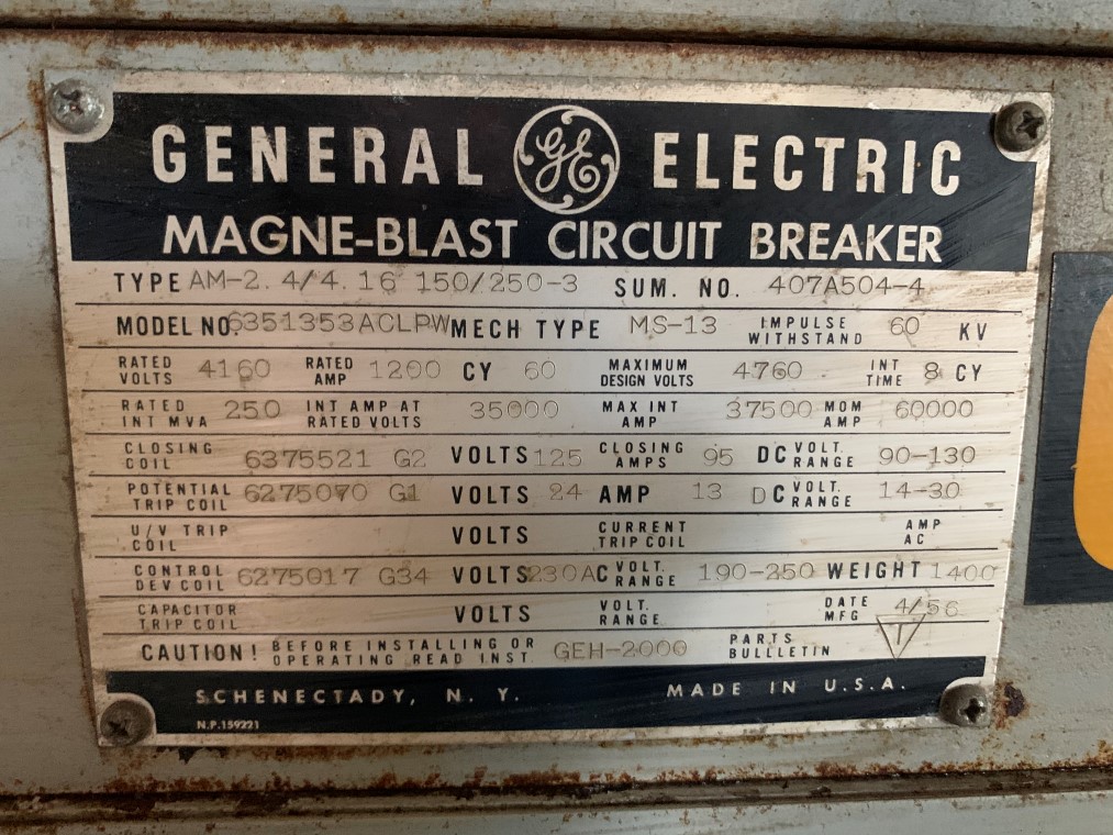 GE AM-2.4/4.16-150/250-3 MagneBlast Circuit Breaker 1200A, 4160V ...