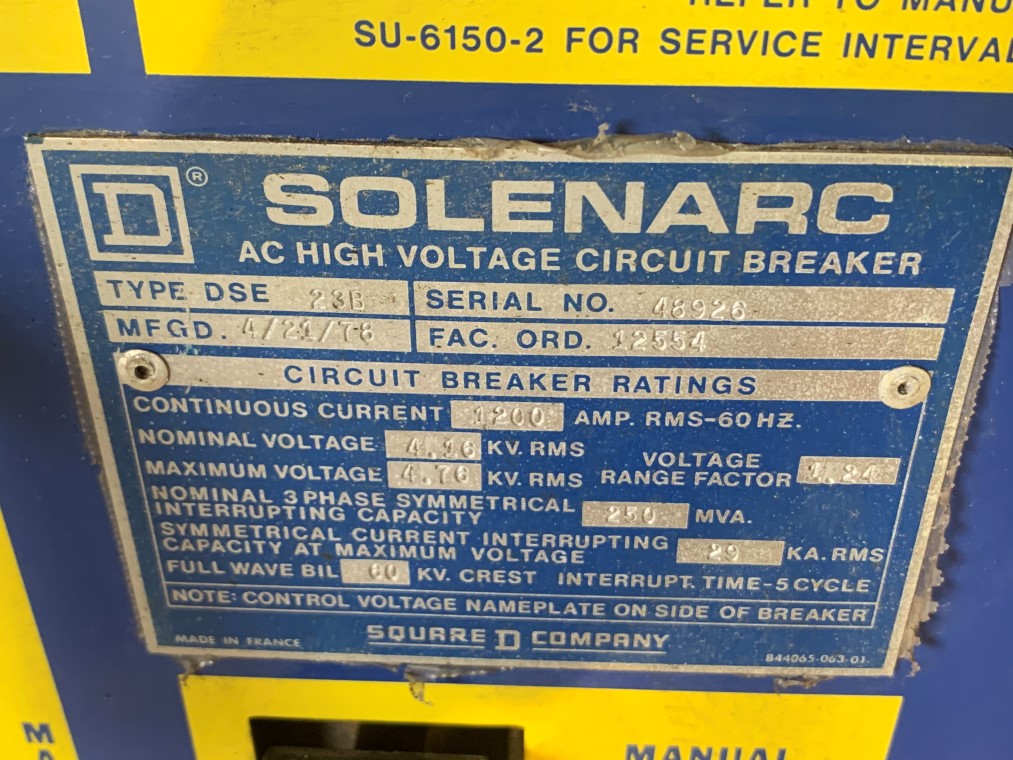 Square D DSE-23-B 1200 Amp, 4160 Volt Solenarc Circuit Break ...