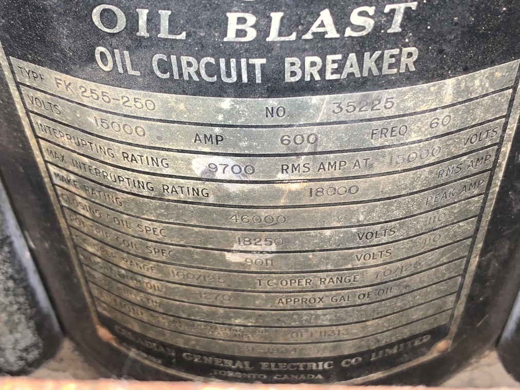 GE FK255-250 Oil Circuit Breaker 600A, 15KV, EO/DO, 110VDC Trip ...