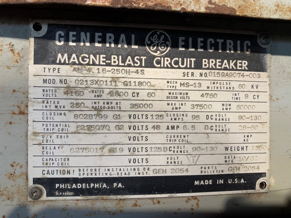GE AM-4.16-250H-4S MagneBlastBreaker 2000A 4160V EO/DO 48V/125VD ...