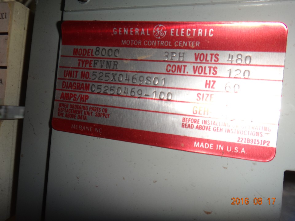 General Electric 8000 Series Size 1 Motor Control Bucket, Transamerican ...